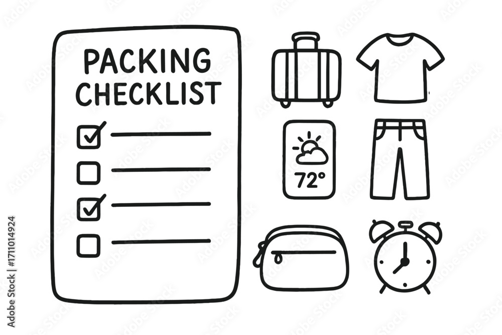 Travel Essentials Checklist. Packing checklist: hand drawn doodles of ...