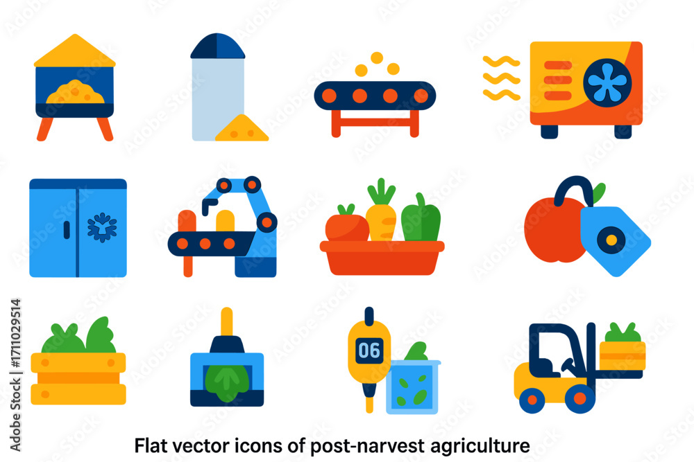 Agricultural Process Icons. Flat vector icons of post-harvest ...