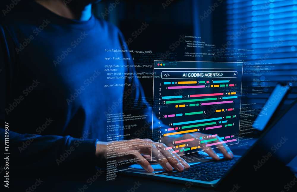 Stock-Foto „AI coding agents for software development concept. Programmer use laptop with code ...