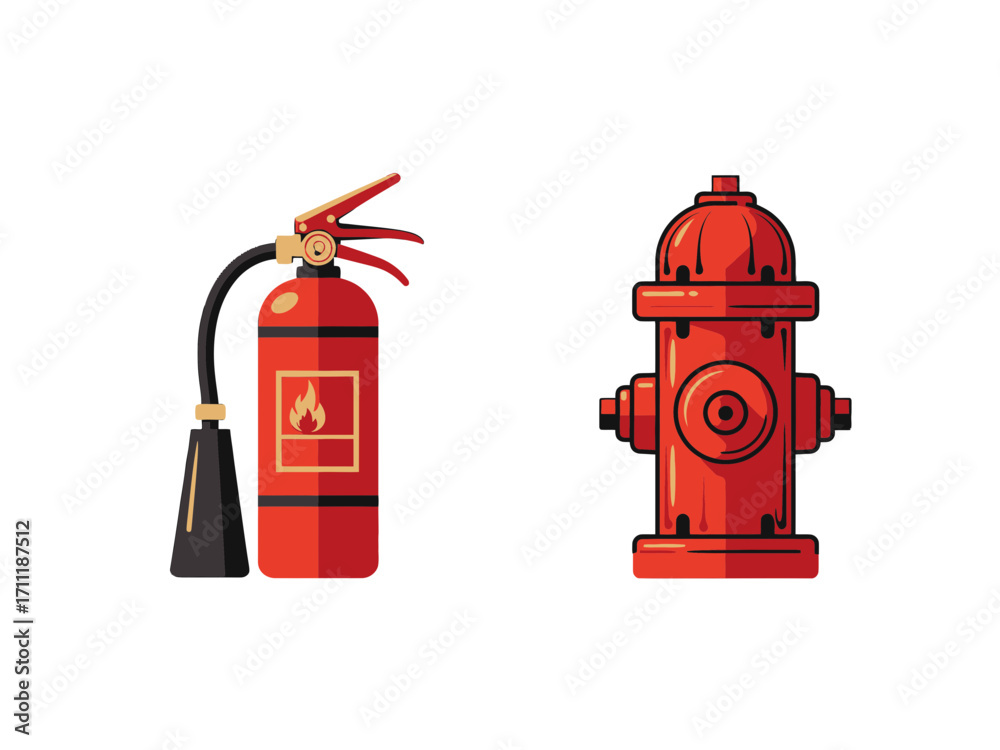Vibrant Pixel Art Depiction of Fire Extinguisher and Red Fire Hydrant ...