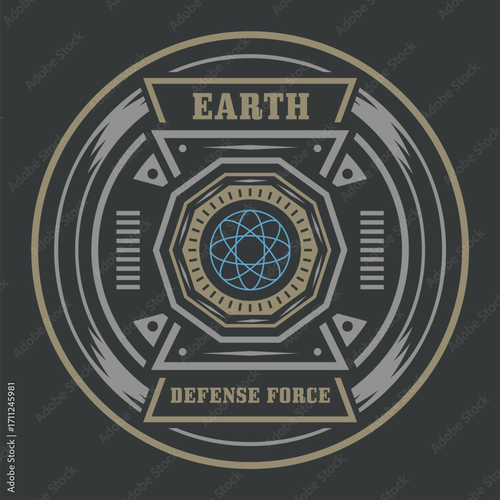 Earth Defense Force Emblem with Atom Symbol and Geometric Design. Stock ...