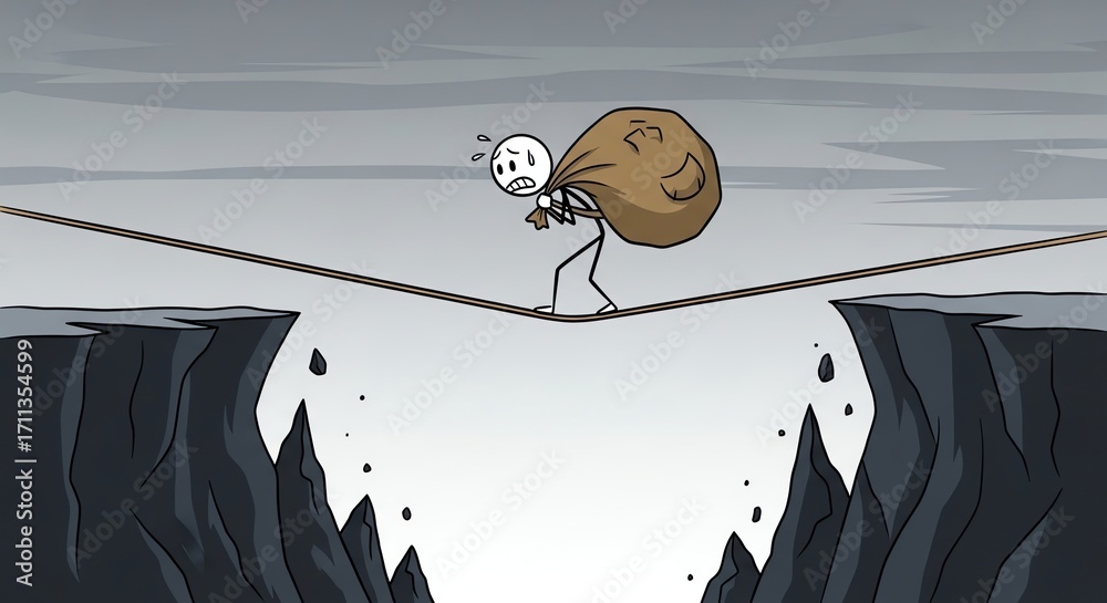 Anxious Stick Figure Balances Heavily Laden Sack Across Treacherous ...