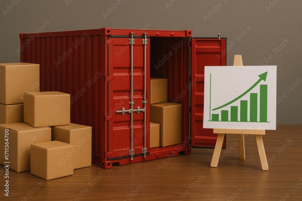 Logistics cost increase. Shipping container with stacked boxes and a ...