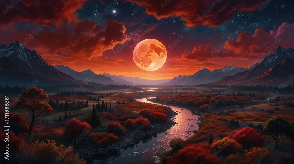 Serene autumnal landscape bathed in the crimson glow of a giant full ...