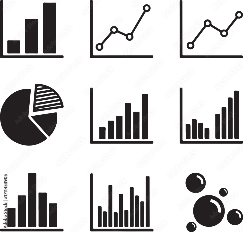 Nine black and white icons illustrating different types of charts and ...