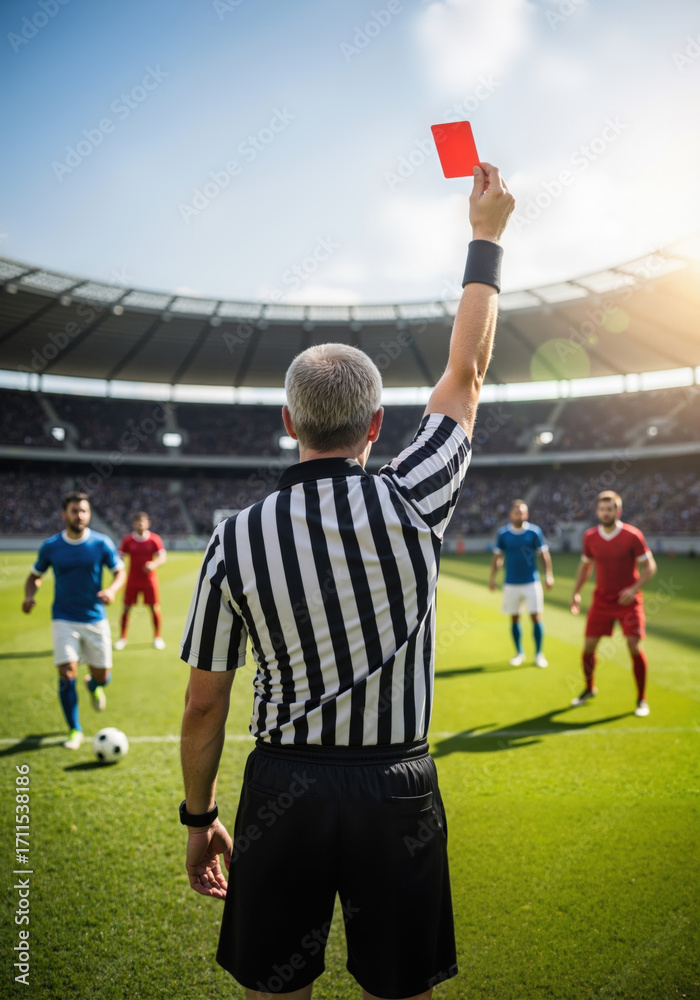 Football arbiter raising red notice at player during match in stadium ...