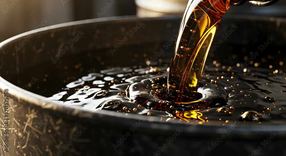 Golden liquid pouring into dark viscous fluid with bubbles. Stock Photo ...