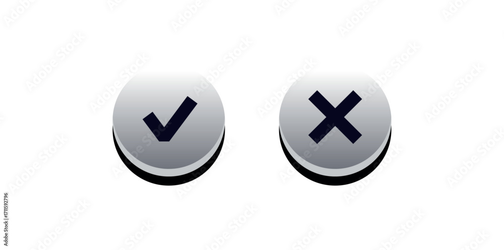 Two oval shaped buttons one with a check mark and the other with an x ...