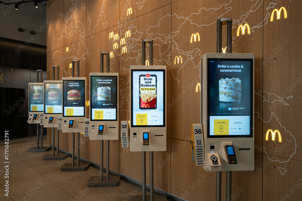 Chicago, IL, USA - Aug 27, 2025: Self-service kiosks and a McDonald's ...