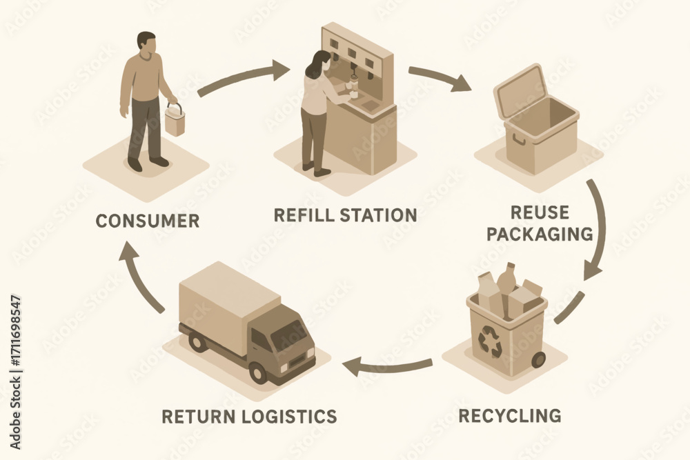 Vector cycle diagram illustrating packaging reuse and recycling process ...