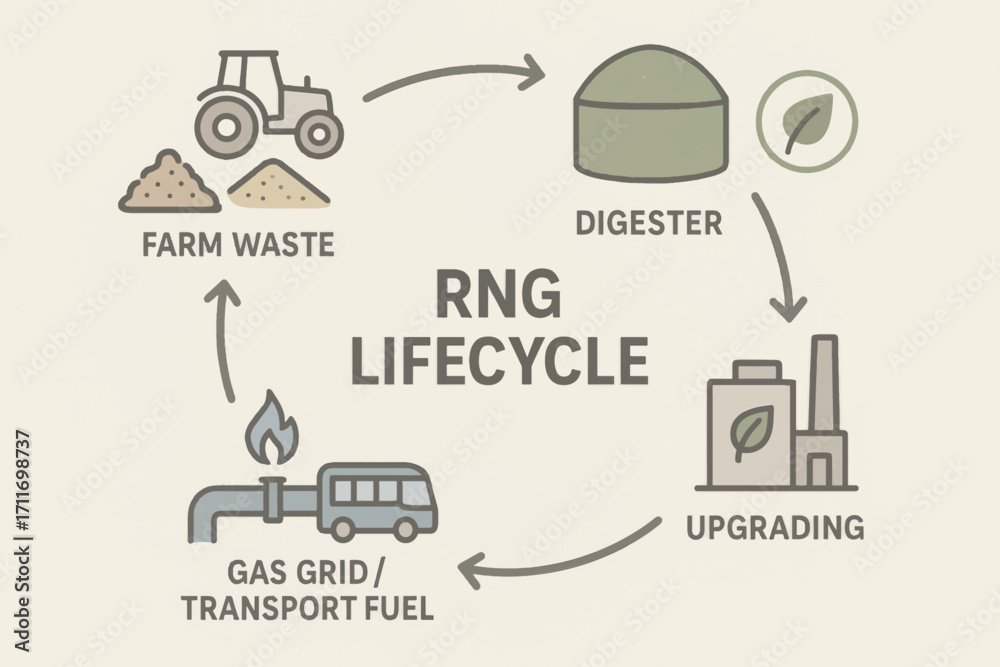 Vector lifecycle diagram illustrating renewable natural gas production ...