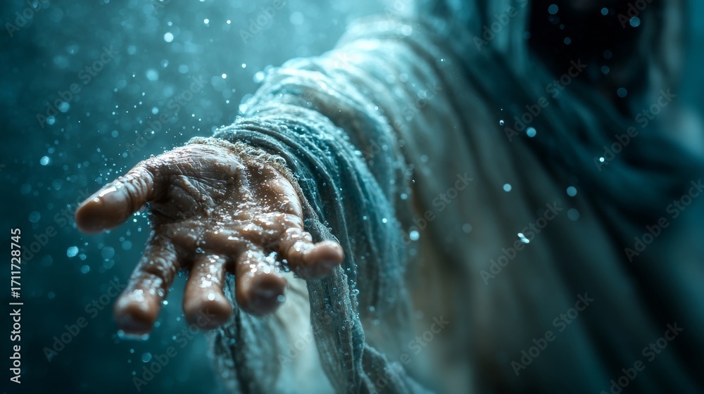 Enigmatic hand reaching through ethereal mist, reminiscent of All Souls ...