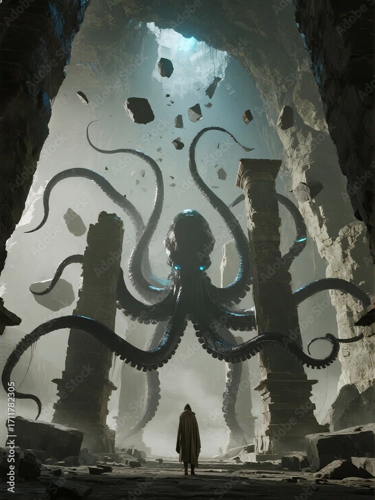 Giant Octopus in Ancient Sunken Temple with Ruined Columns Stock ...