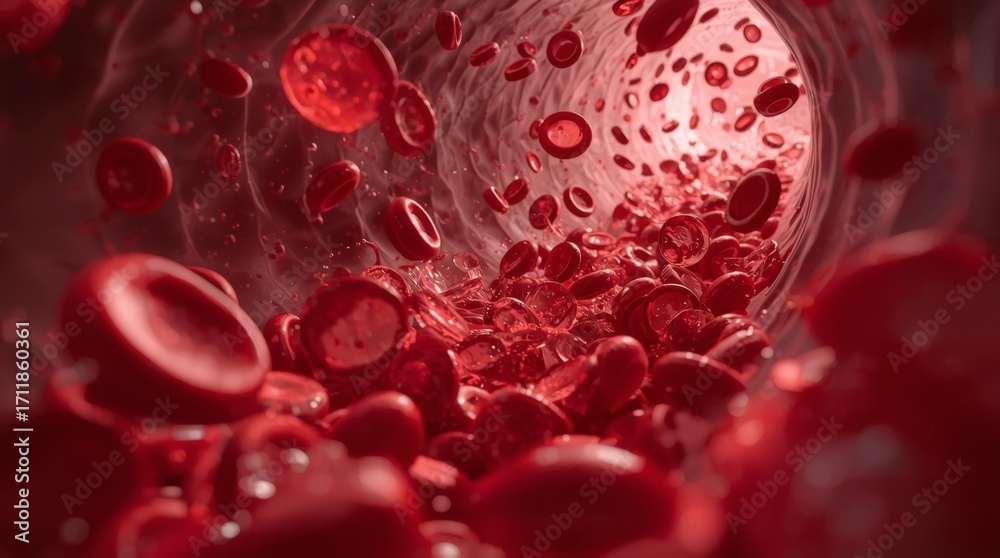 Dense flow of red blood cells, with some appearing larger and closer to ...