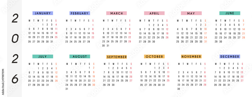 2026 horizontal yearly calendar with colorful modern month headers ...