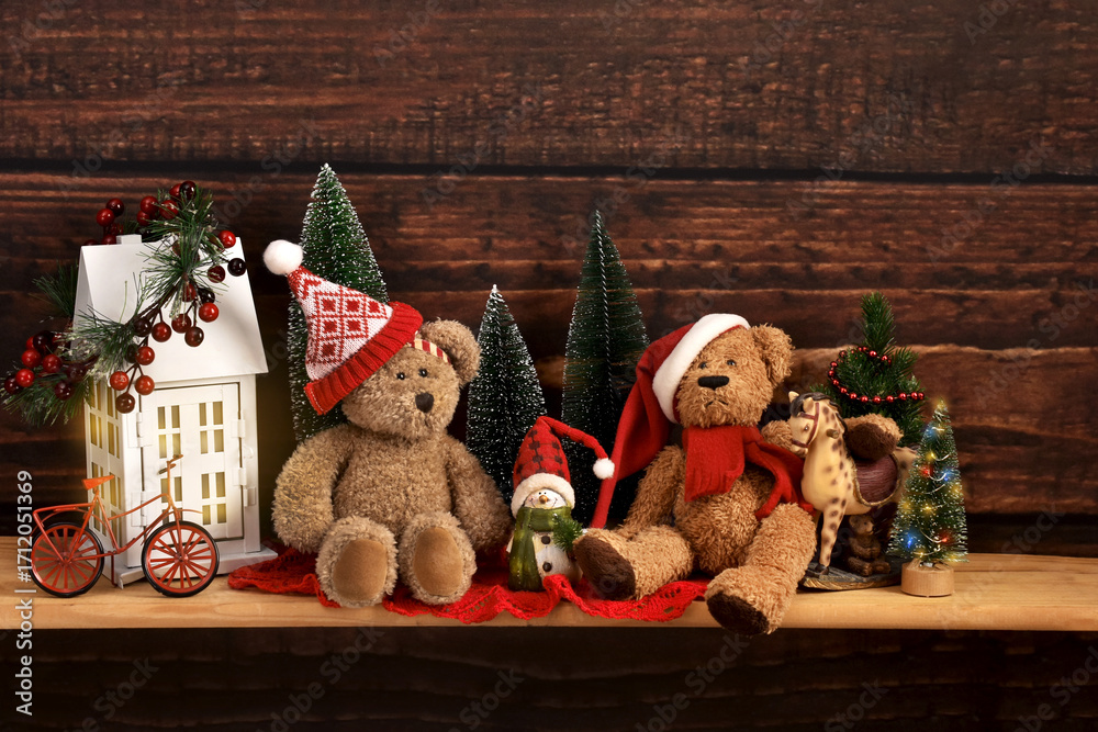 Wooden shelf with two teddy bears and Christmas decoration in vintage ...