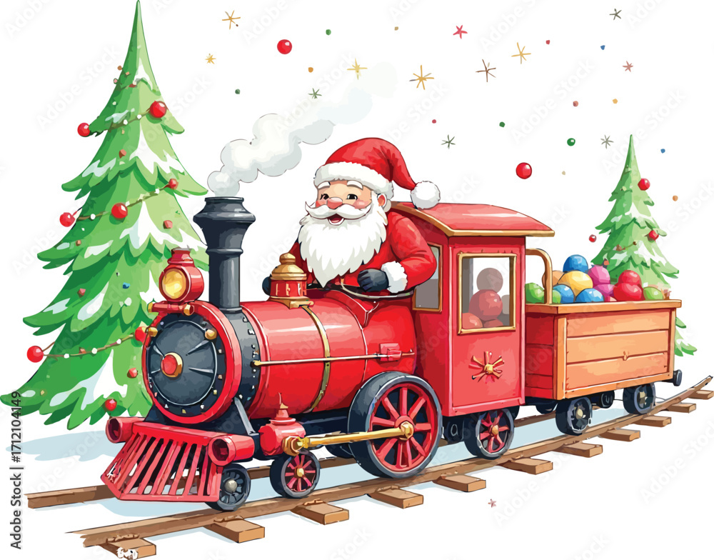Santa claus drives a festive red steam engine train carrying gifts ...