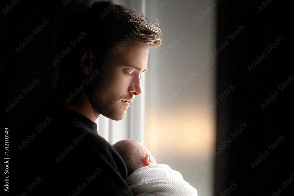 Exhausted new father holding newborn baby in dark room silhouette by ...