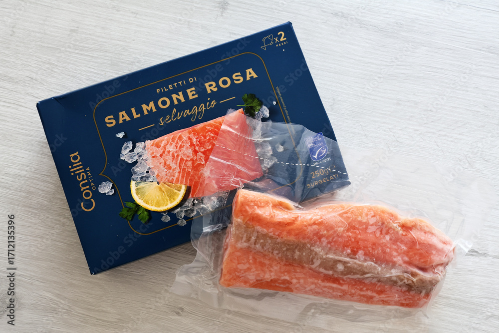 Italy – September 18, 2025: Consilia frozen pink salmon fillets ...