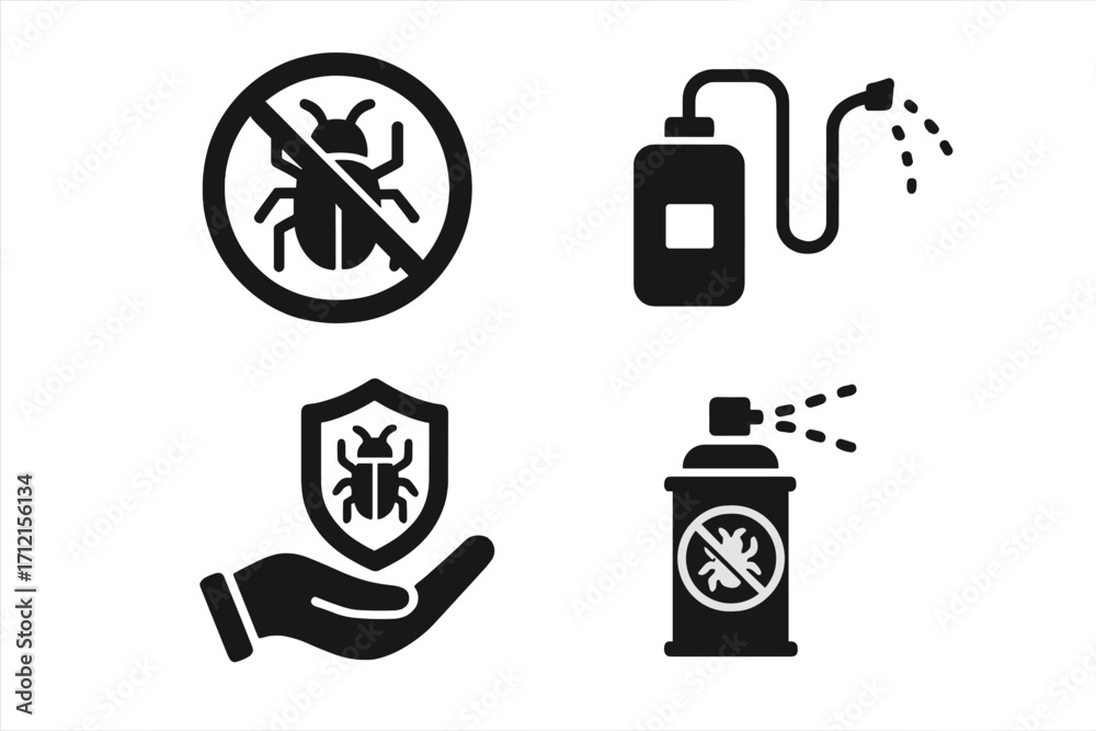 Pest control solid icon set. Bug prevention and insect management glyph ...