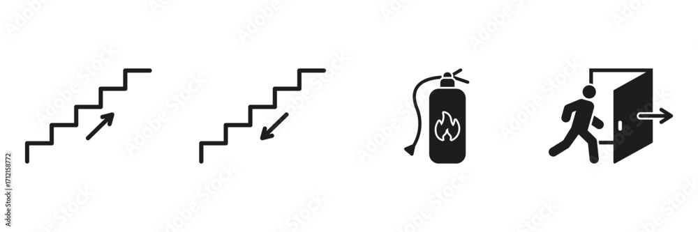 Emergency Evacuation And Safety Icons Set. Fire Safety, Exit Route and ...
