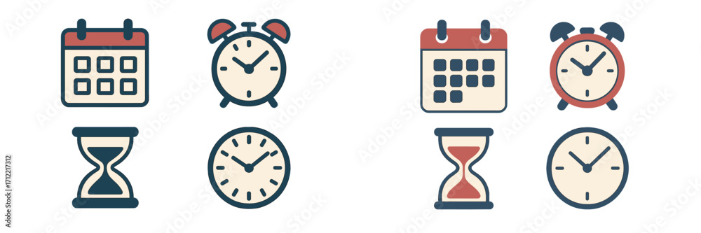 Collection of time and date icons including calendar, alarm clock ...