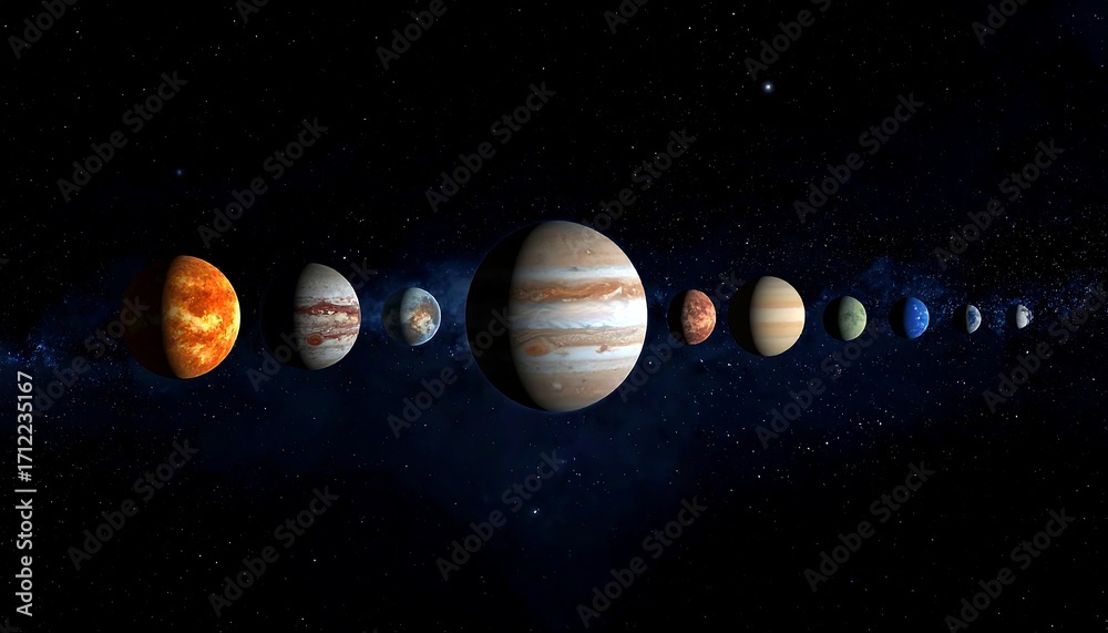 Digital depiction of the solar system with planets aligned across a ...