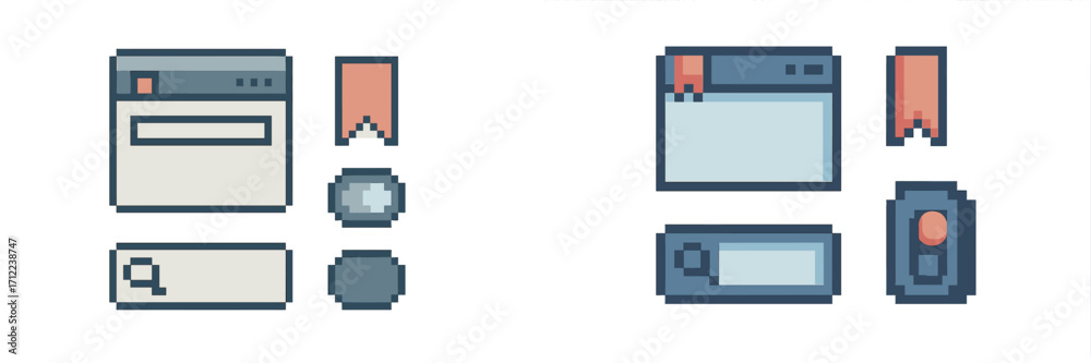 Collection of pixel art user interface elements including browser ...