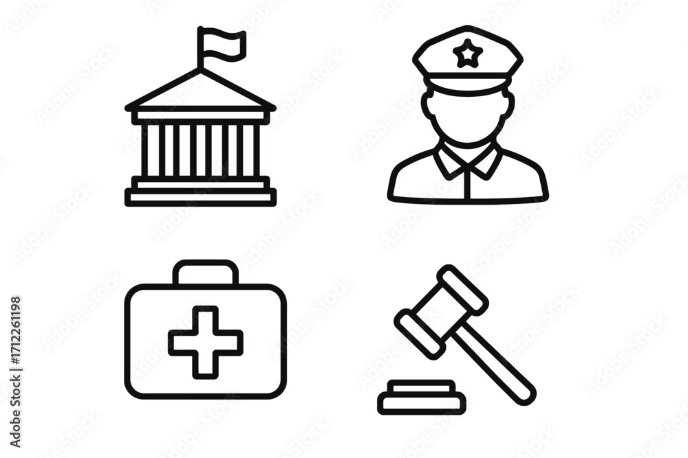 Government services icon set vector line art. Public safety, law ...