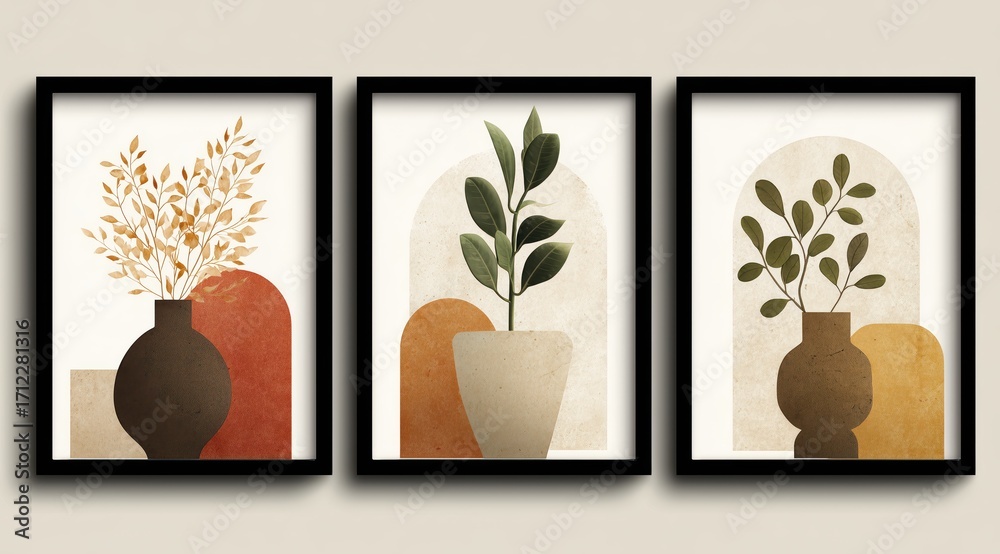 Botanical Trio: Three framed artworks showcase stylized plant ...