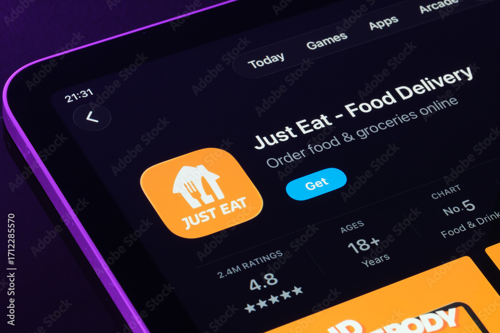 Just Eat app on iPad in iOS 26, Apple Liquid Glass App Store listing ...