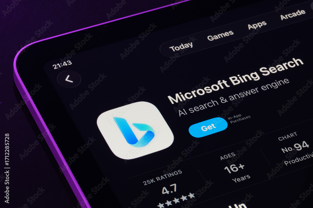 App Store on iPad with iOS 26 Liquid Glass UI showcasing Microsoft Bing icon and details ...
