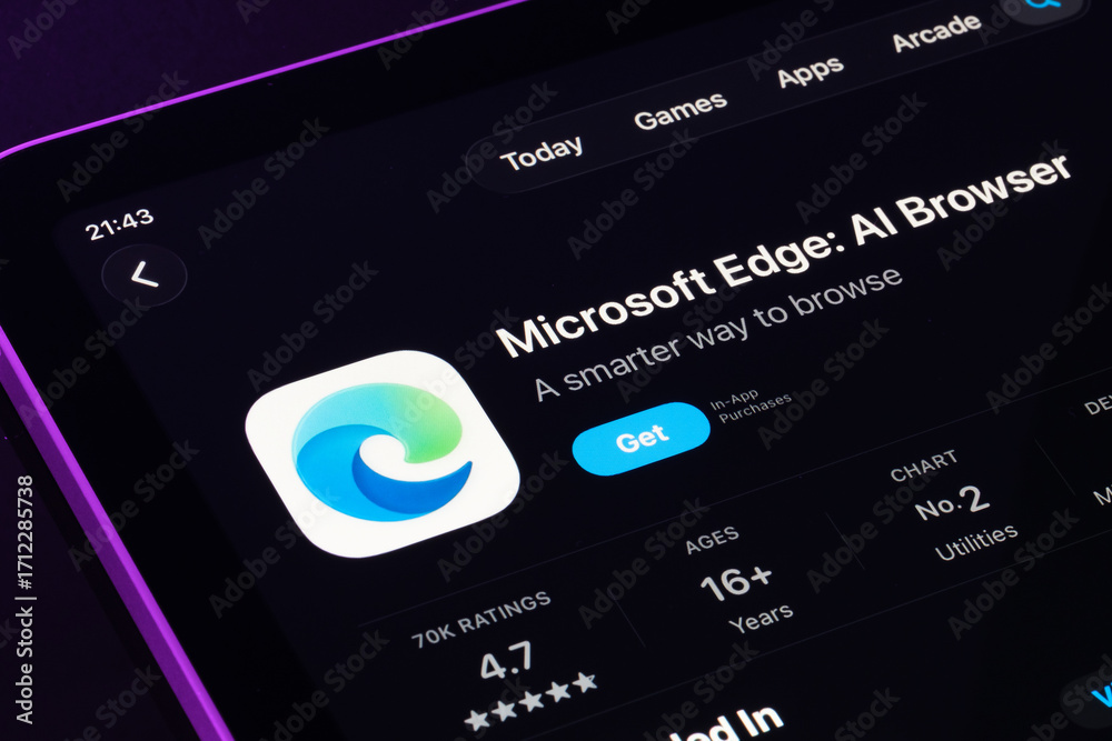 Microsoft Edge for iOS 26 displayed on iPad, updated App Store page ...