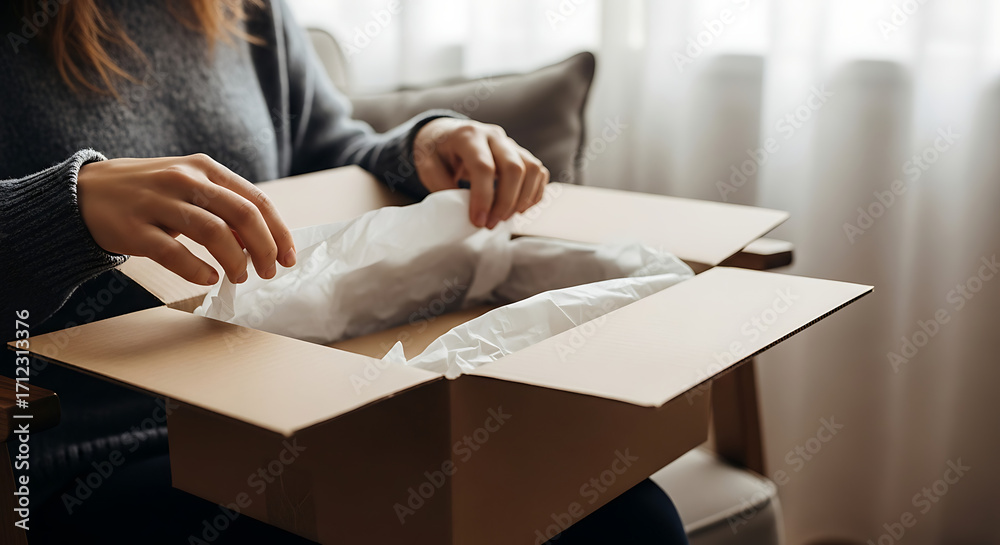 Unpacking a cardboard box with care, revealing bubble wrap and contents ...