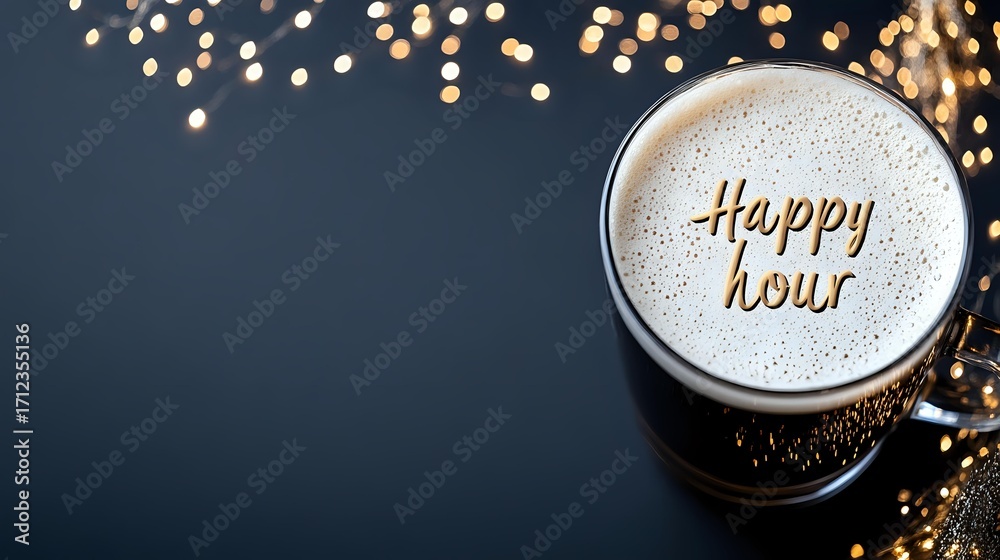 Dark stout beer glass with happy hour text on creamy foam top against ...