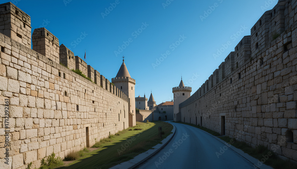 Ancient Medieval Stone City Walls with Towers and Pathway – Historic ...