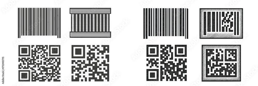 Various designs of barcodes and QR codes used for product ...