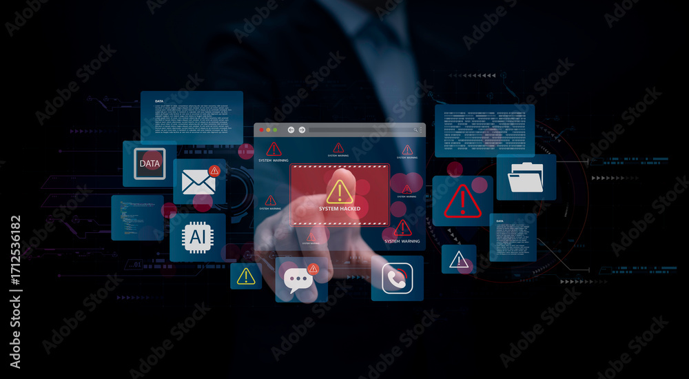 Cybersecurity concept showing system hacked alert with digital warnings ...