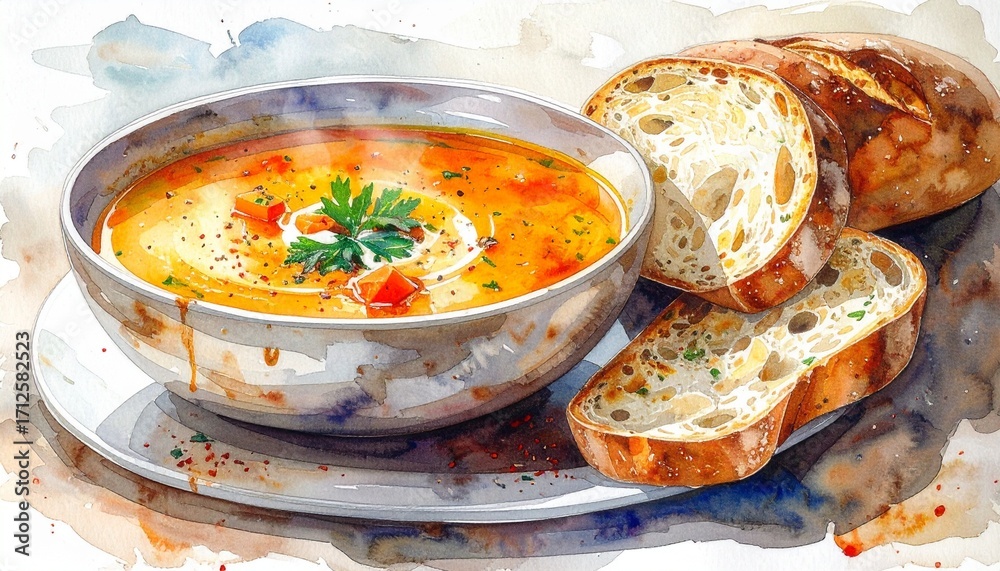 Creamy Tomato Soup with Crusty Bread A Watercolor Painting Stock Photo ...