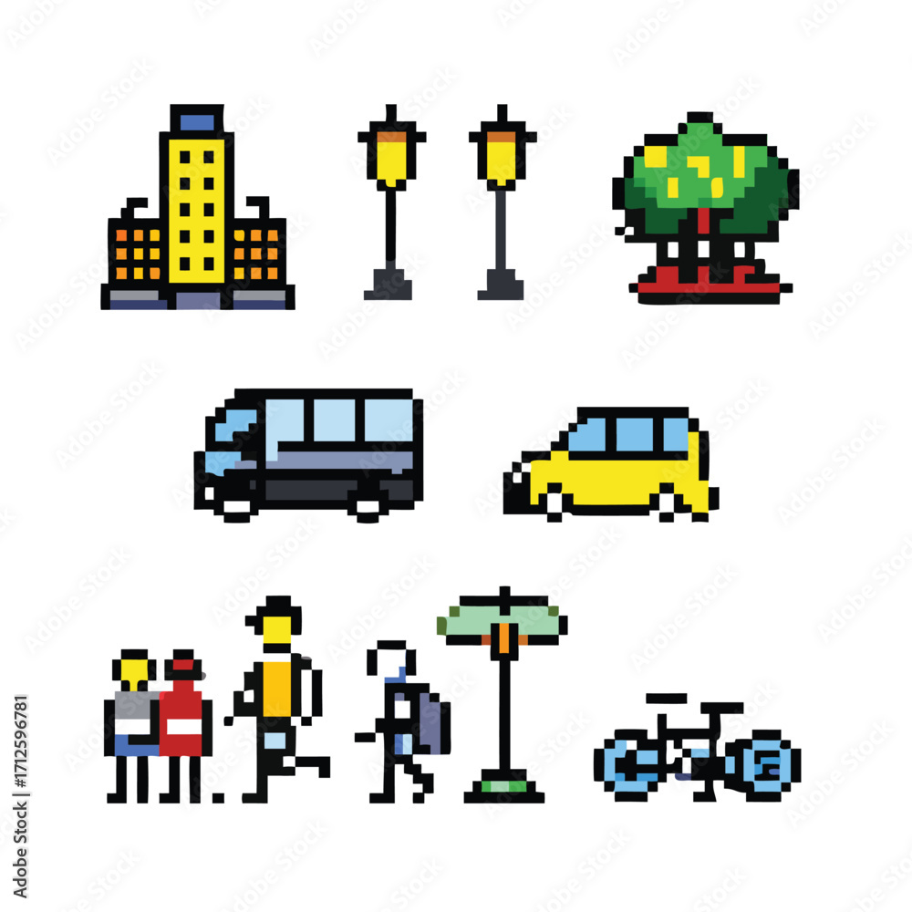 City Life 8-Bit Pixel Art Icon Set Retro Urban Environment Sprites ...