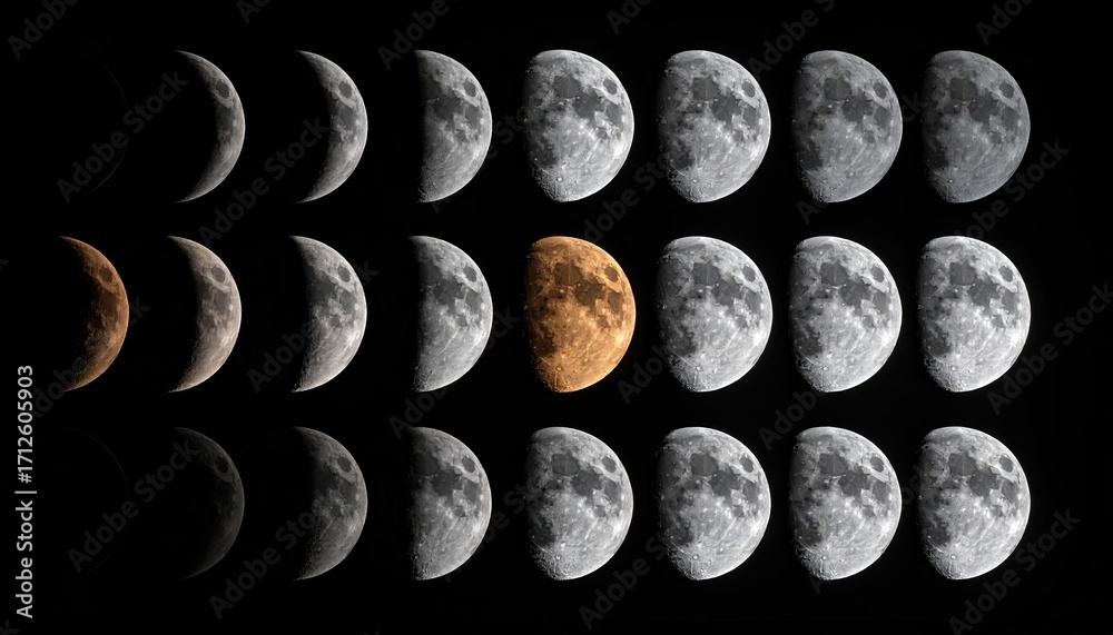 Phases of the Moon in a Grid on Black Background Showing Lunar Cycle ...