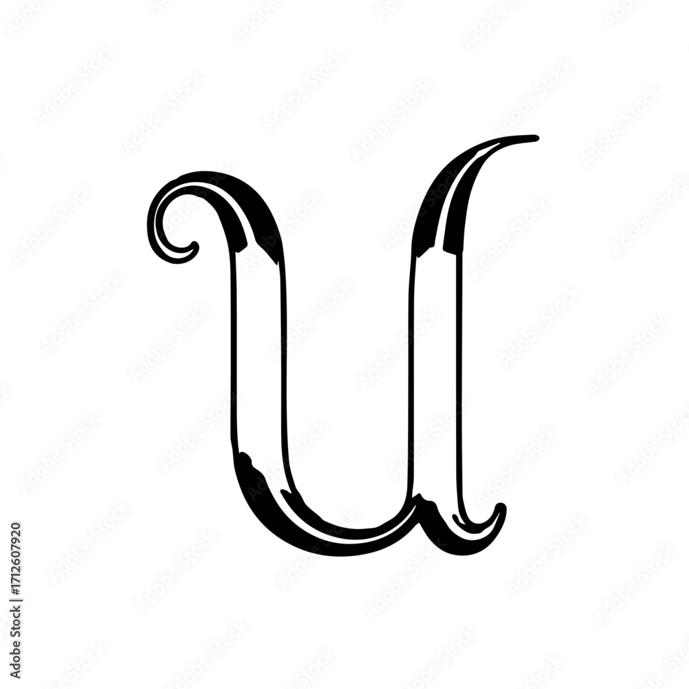 Elegant black and white calligraphic letter U with ornate curls and ...