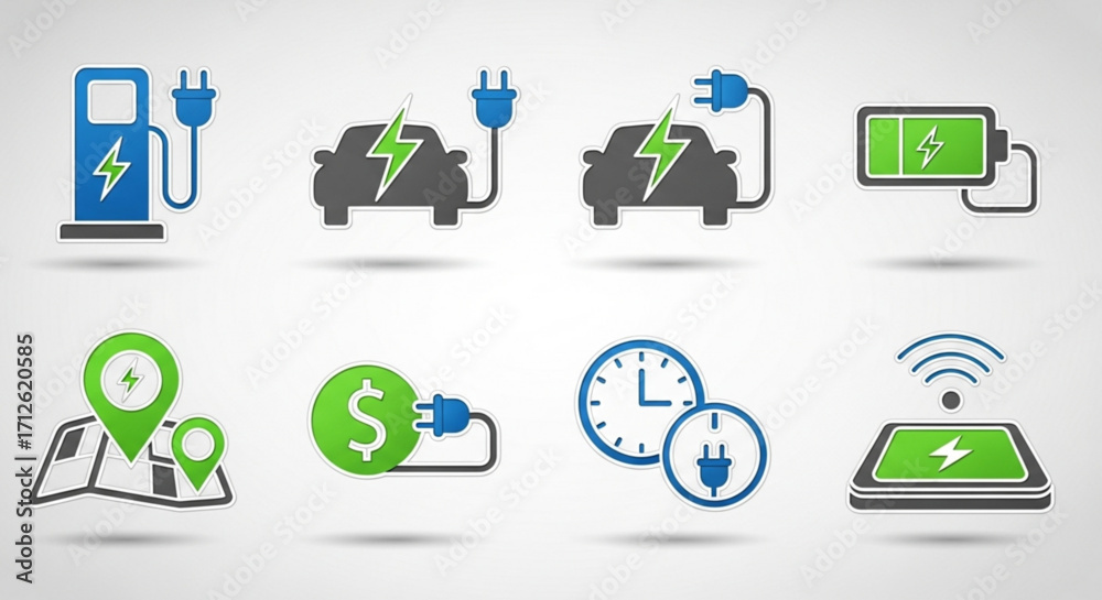 Set of electric vehicle charging icons, depicting charging station, car ...