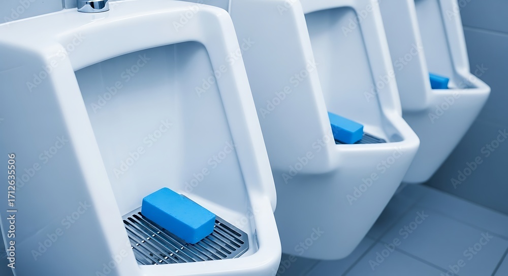 Row of white urinals with blue urinal cakes in a public restroom. Stock ...