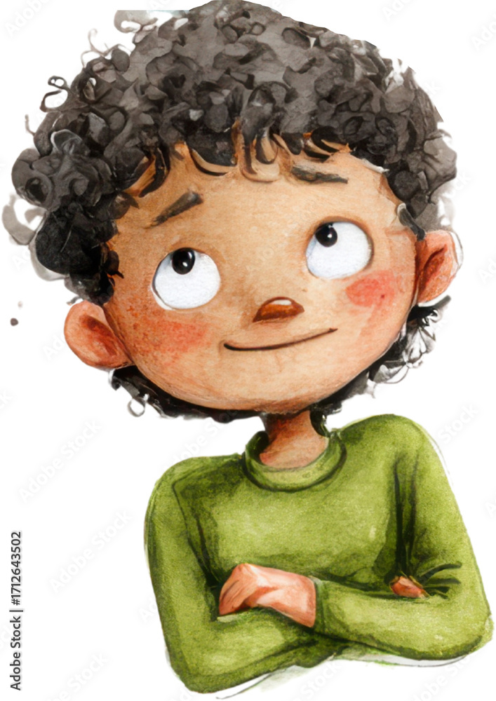 Thoughtful cartoon boy with curly hair looking up. Cute drawing of ...