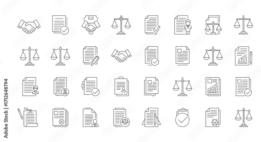Legal Icons Set Scales Documents Handshake Checkmark and Justice ...