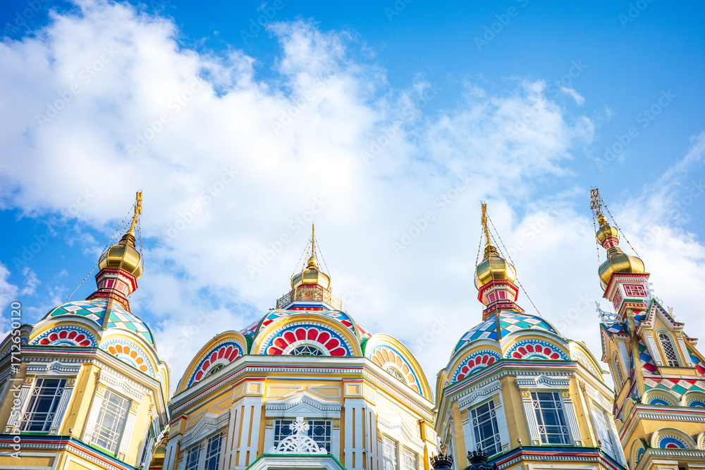 Beautiful view of the golden domes of Zenkov Cathedral in Almaty ...