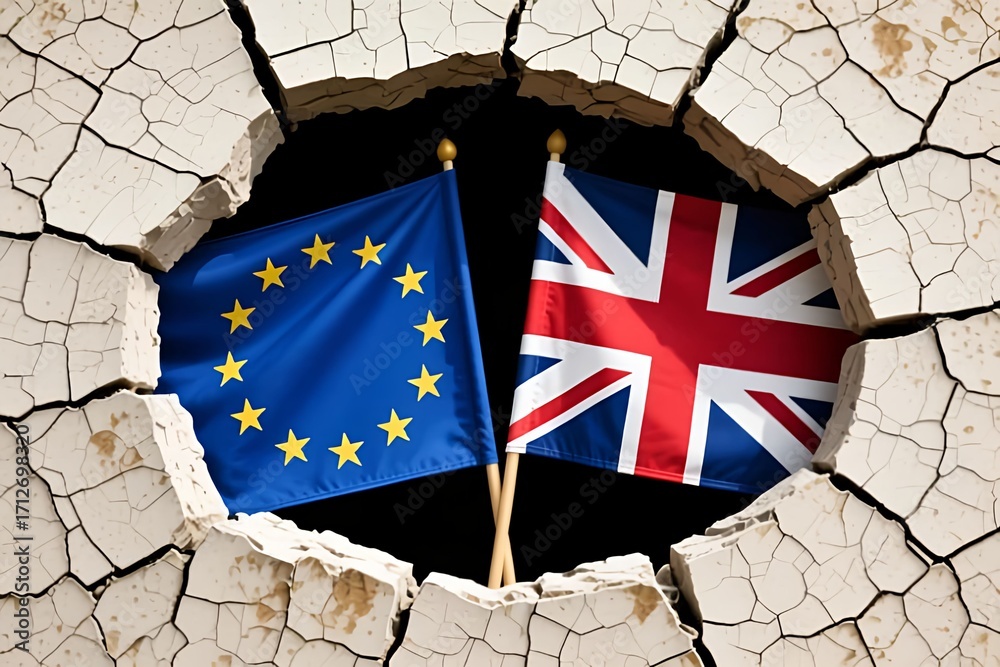 EU flag and the UK flag separated by a cracked wall. Symbolizes ...