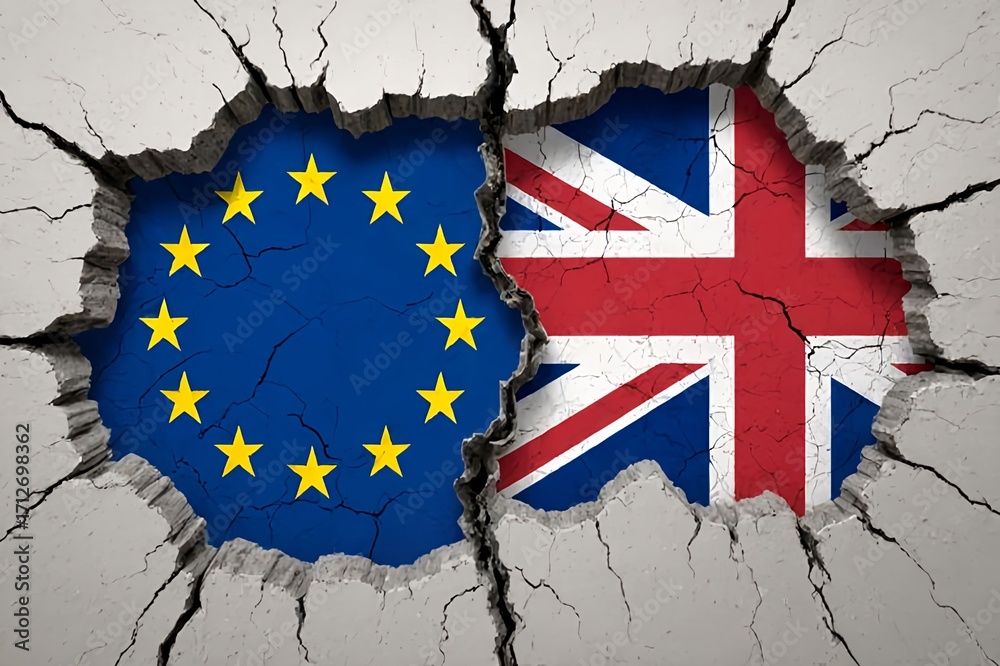 EU flag and the UK flag separated by a cracked wall. Symbolizes ...