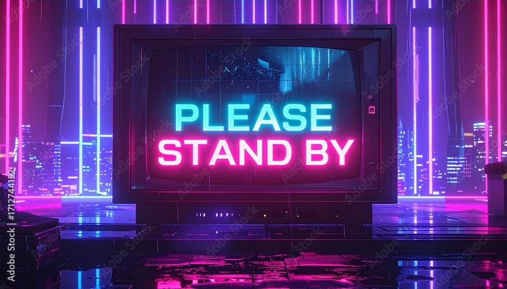 Stock-Foto „Neon 'Please Stand By' message on a retro TV screen with ...